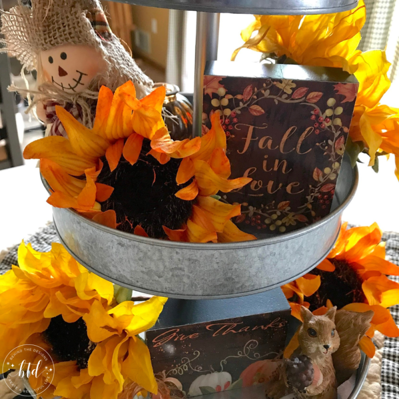 Fall Tiered Tray Decor in Farmhouse Sunflowers - Behind the Designs