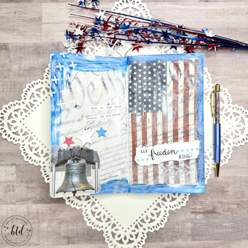 Let Freedom Ring Art Journal Page Using Paper Napkins - Behind the Designs